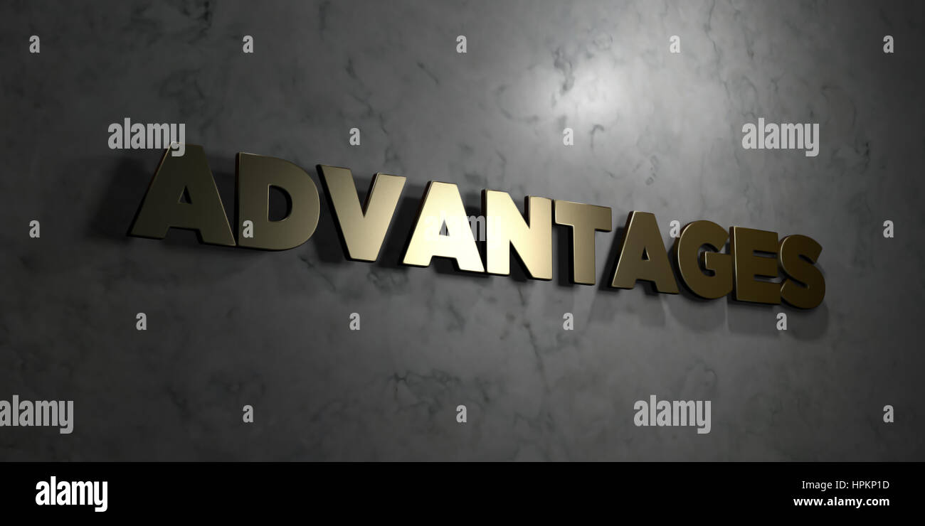 Advantages - Gold text on black background - 3D rendered royalty free ...