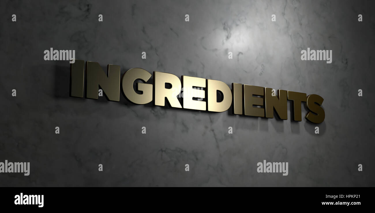 Ingredients - Gold text on black background - 3D rendered royalty free ...