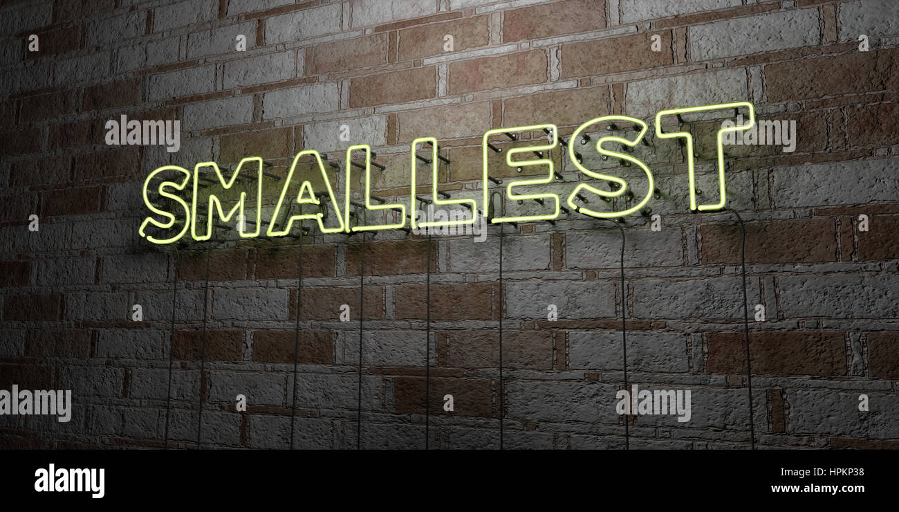 SMALLEST - Glowing Neon Sign on stonework wall - 3D rendered royalty ...