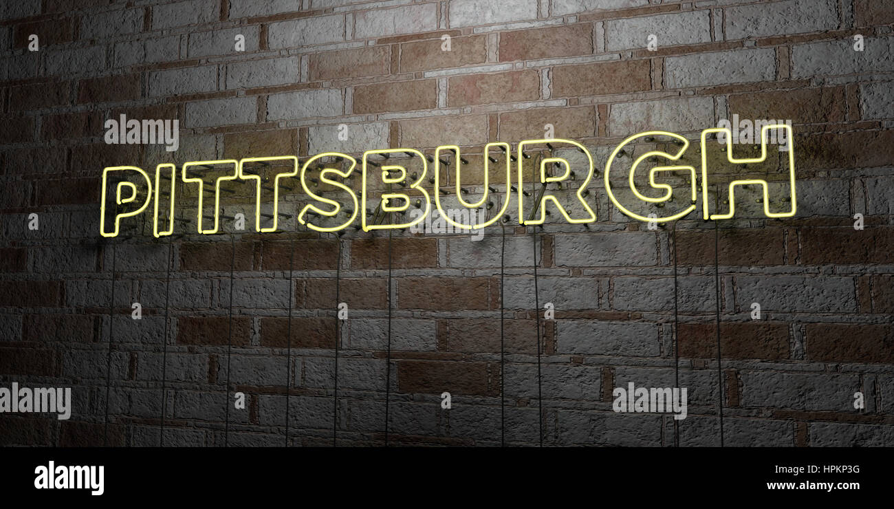 PITTSBURGH - Glowing Neon Sign on stonework wall - 3D rendered royalty ...