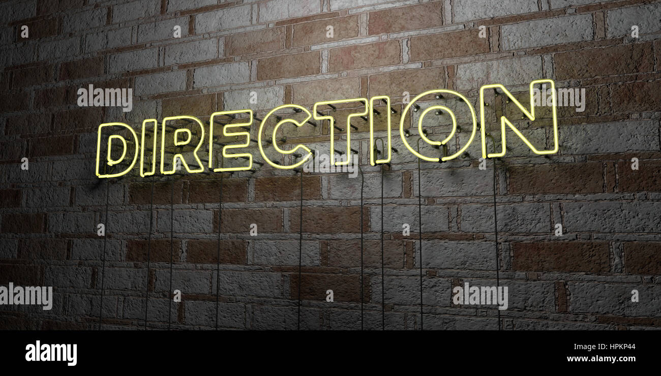 DIRECTION - Glowing Neon Sign on stonework wall - 3D rendered royalty ...