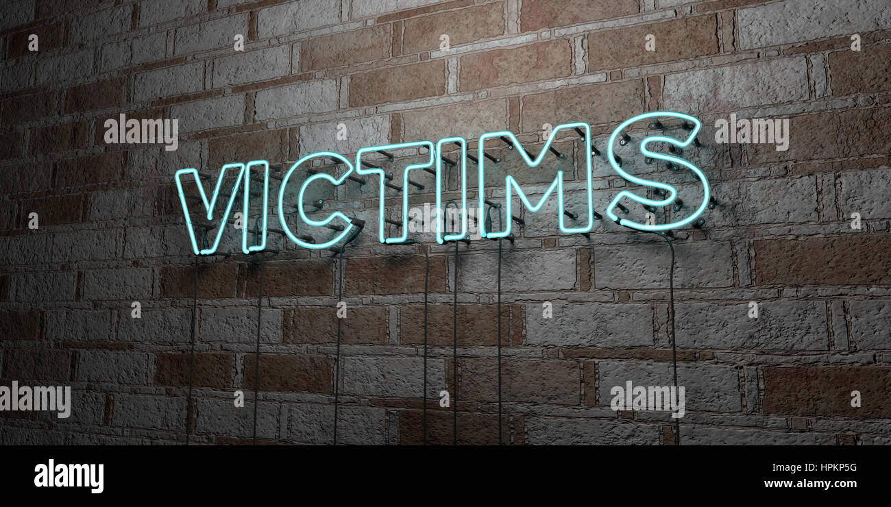 VICTIMS - Glowing Neon Sign on stonework wall - 3D rendered royalty ...
