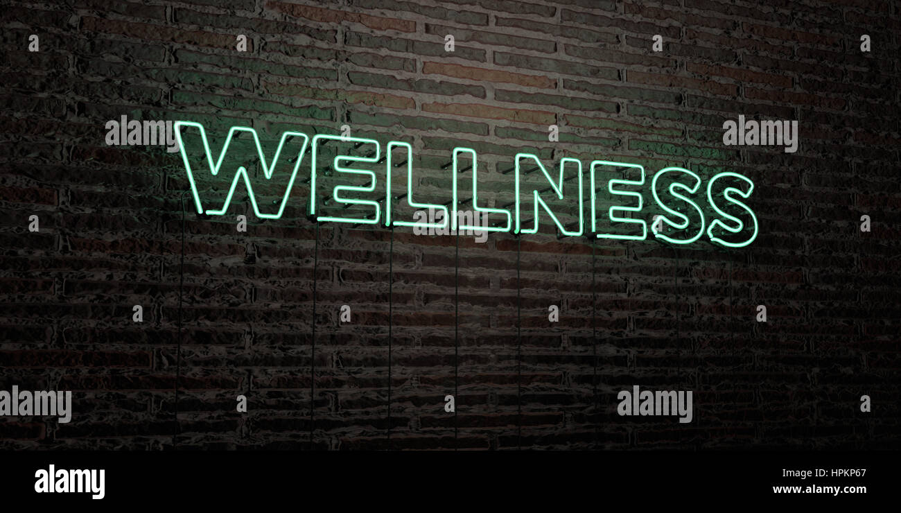 WELLNESS -Realistic Neon Sign on Brick Wall background - 3D rendered ...