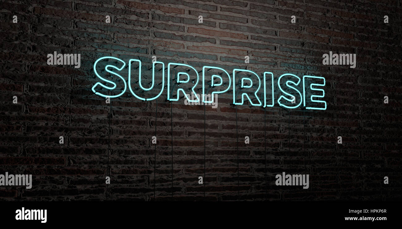SURPRISE -Realistic Neon Sign on Brick Wall background - 3D rendered ...