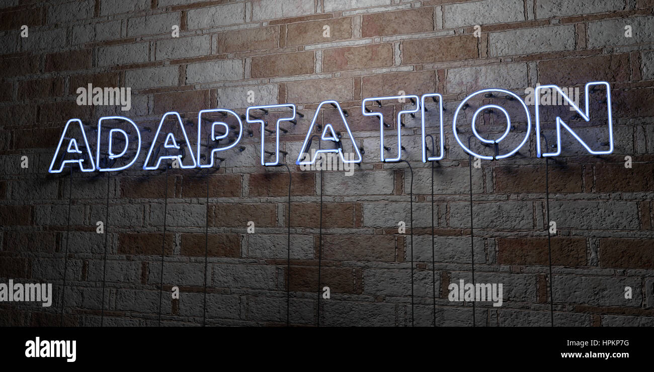 ADAPTATION - Glowing Neon Sign on stonework wall - 3D rendered royalty ...