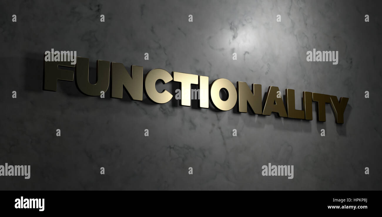 Functionality - Gold text on black background - 3D rendered royalty ...