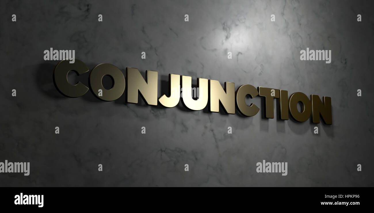 Conjunction - Gold text on black background - 3D rendered royalty free ...