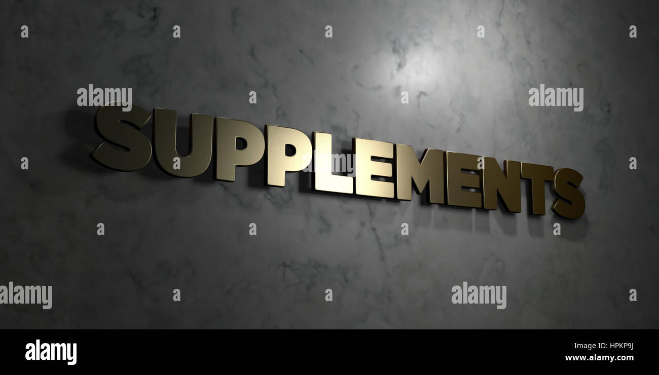 Supplements - Gold text on black background - 3D rendered royalty free ...