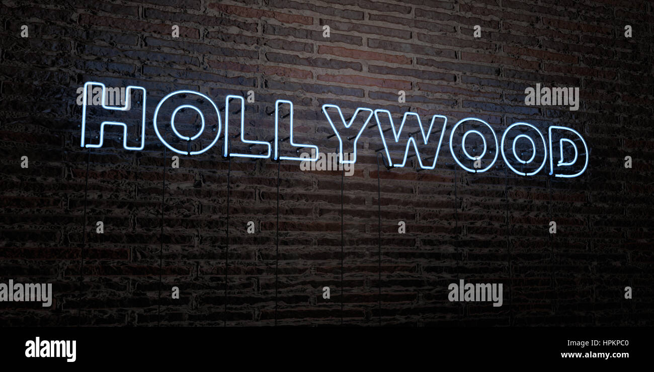 HOLLYWOOD -Realistic Neon Sign on Brick Wall background - 3D rendered ...