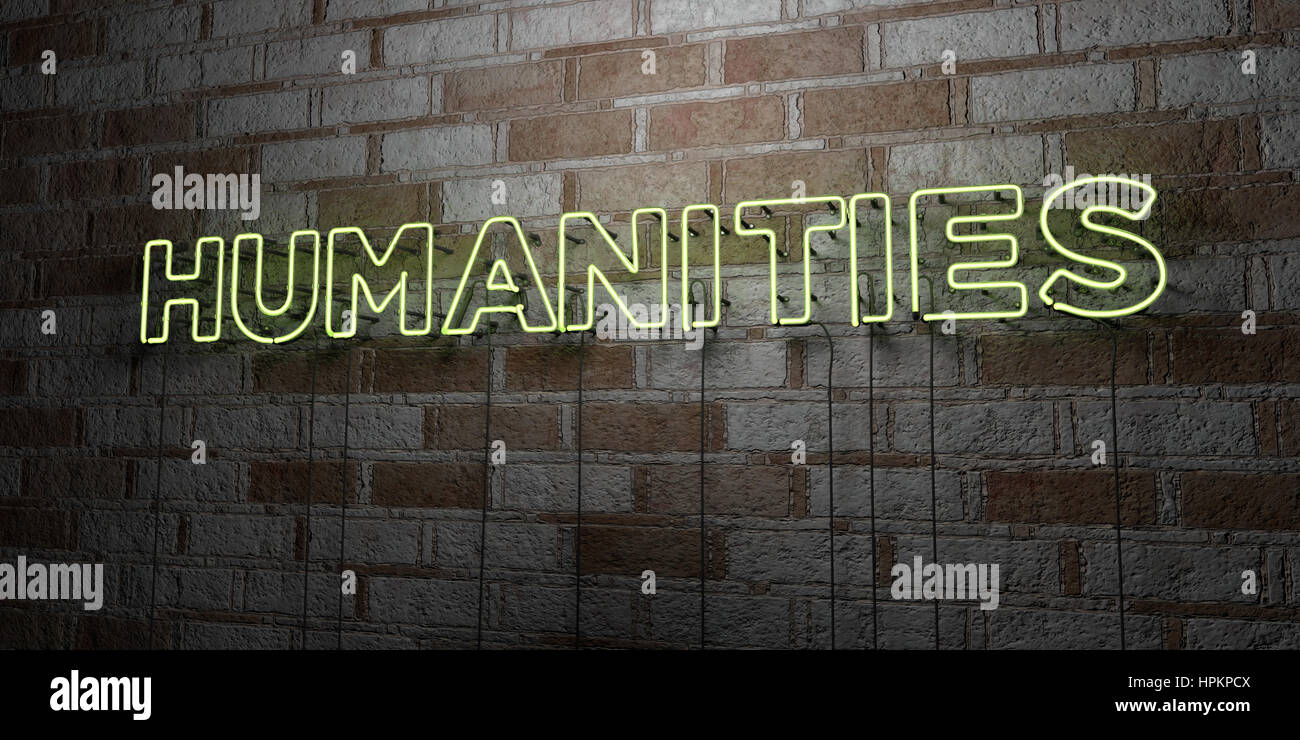 HUMANITIES - Glowing Neon Sign on stonework wall - 3D rendered royalty ...