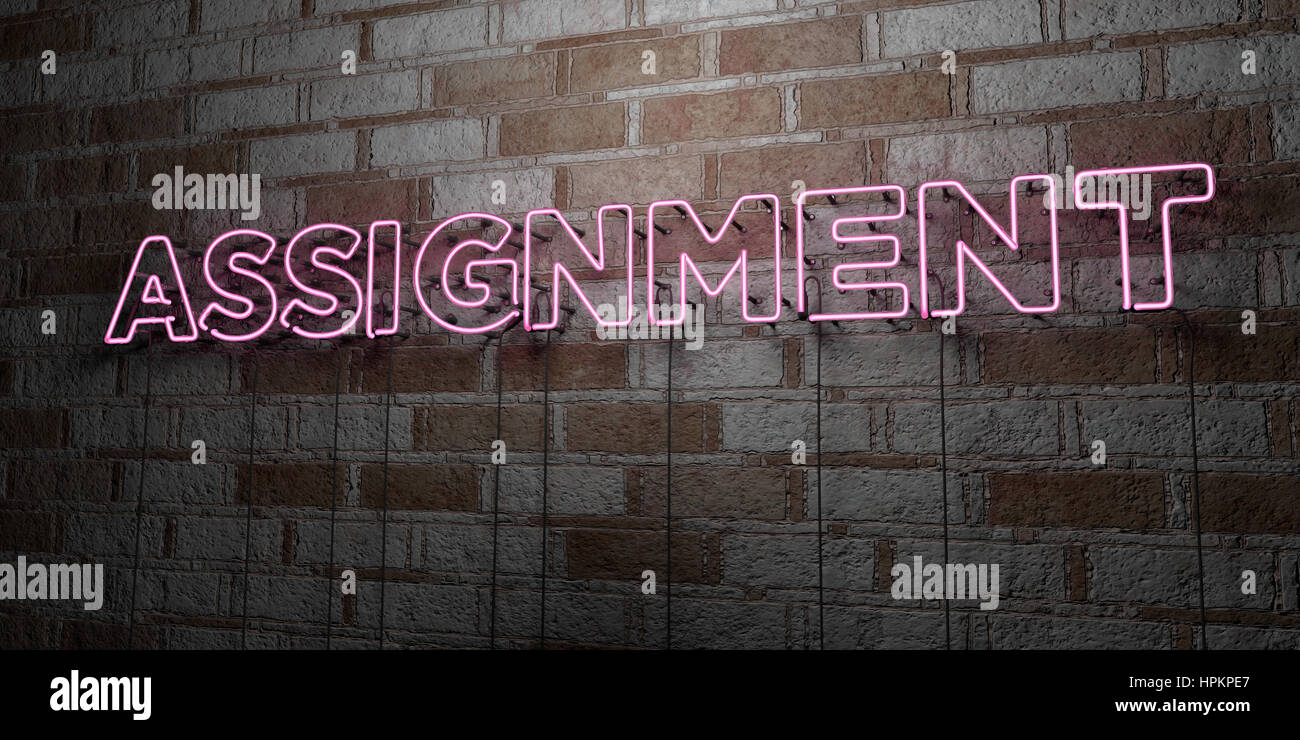 ASSIGNMENT - Glowing Neon Sign on stonework wall - 3D rendered royalty ...
