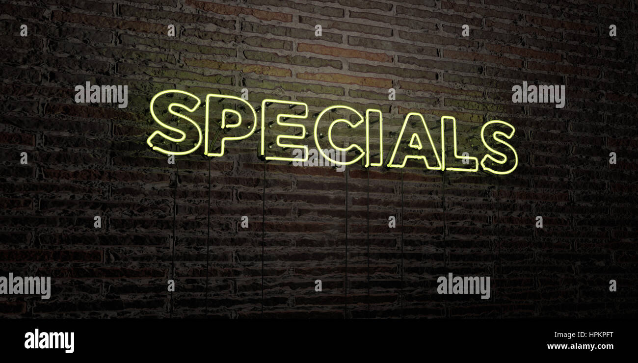 SPECIALS -Realistic Neon Sign on Brick Wall background - 3D rendered ...