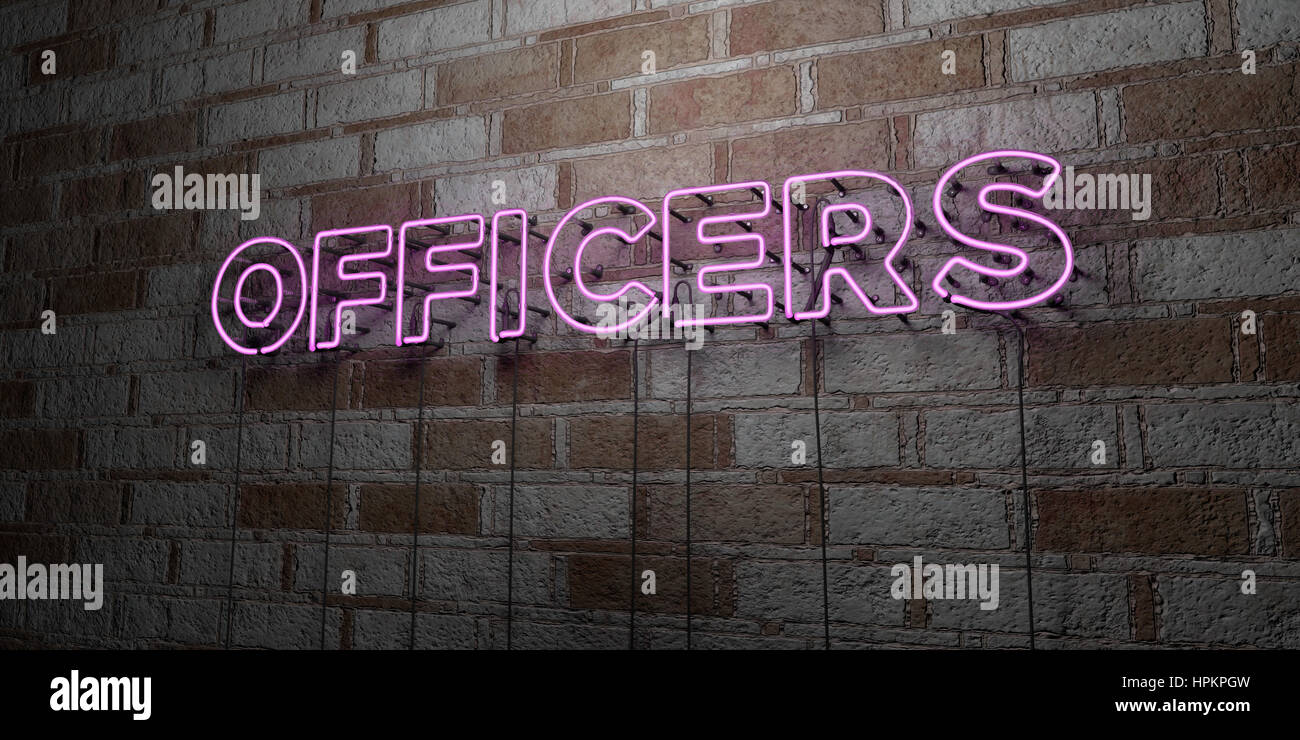 OFFICERS - Glowing Neon Sign on stonework wall - 3D rendered royalty ...