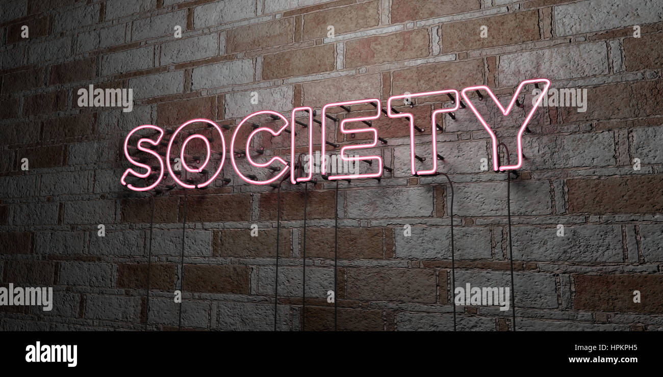 SOCIETY - Glowing Neon Sign on stonework wall - 3D rendered royalty ...