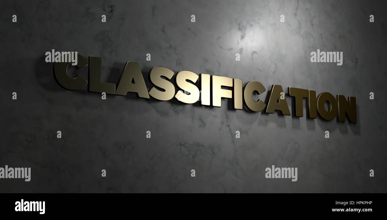 Classification - Gold text on black background - 3D rendered royalty ...