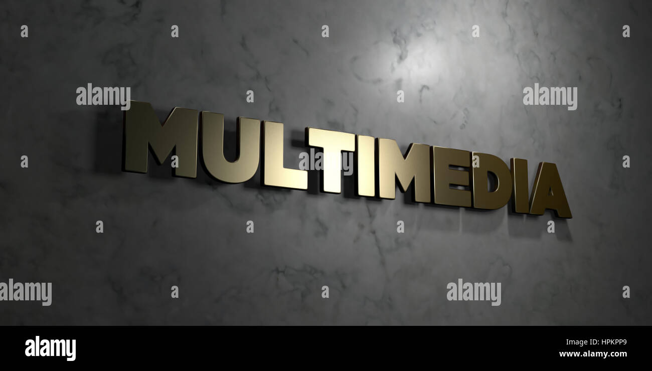 Multimedia - Gold text on black background - 3D rendered royalty free ...