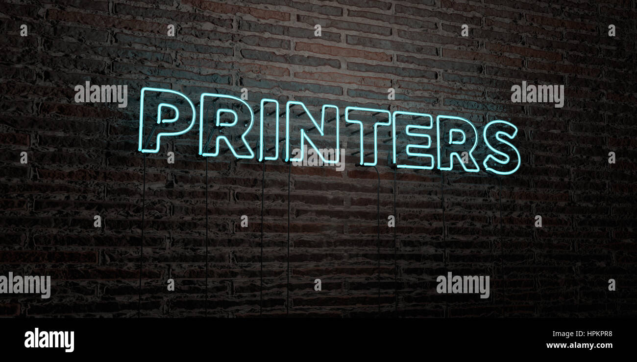 PRINTERS -Realistic Neon Sign on Brick Wall background - 3D rendered ...