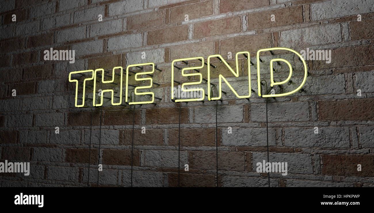THE END - Glowing Neon Sign on stonework wall - 3D rendered royalty ...