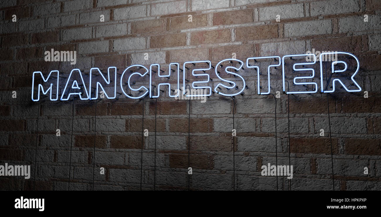 MANCHESTER - Glowing Neon Sign on stonework wall - 3D rendered royalty ...