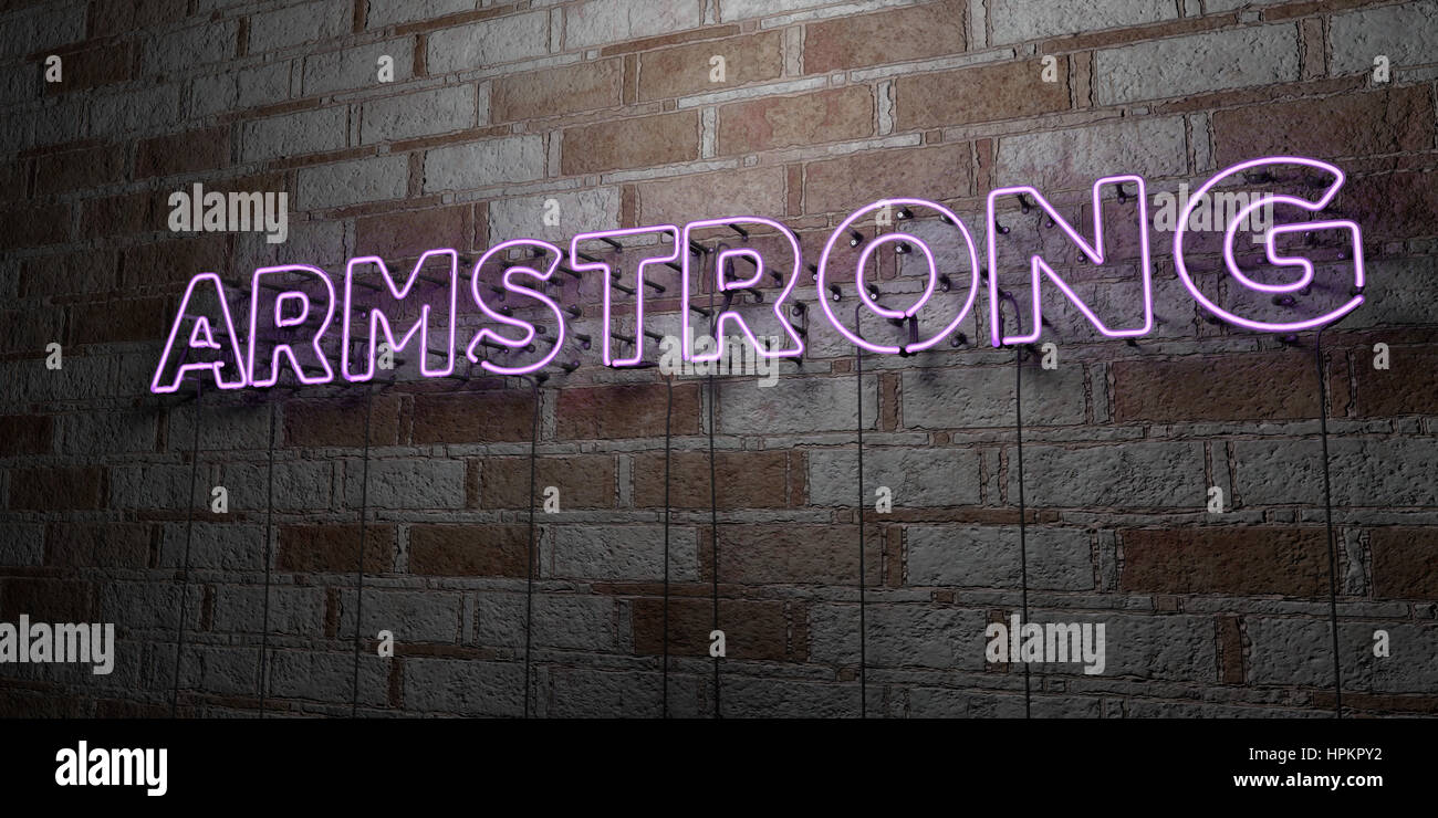 ARMSTRONG - Glowing Neon Sign on stonework wall - 3D rendered royalty ...