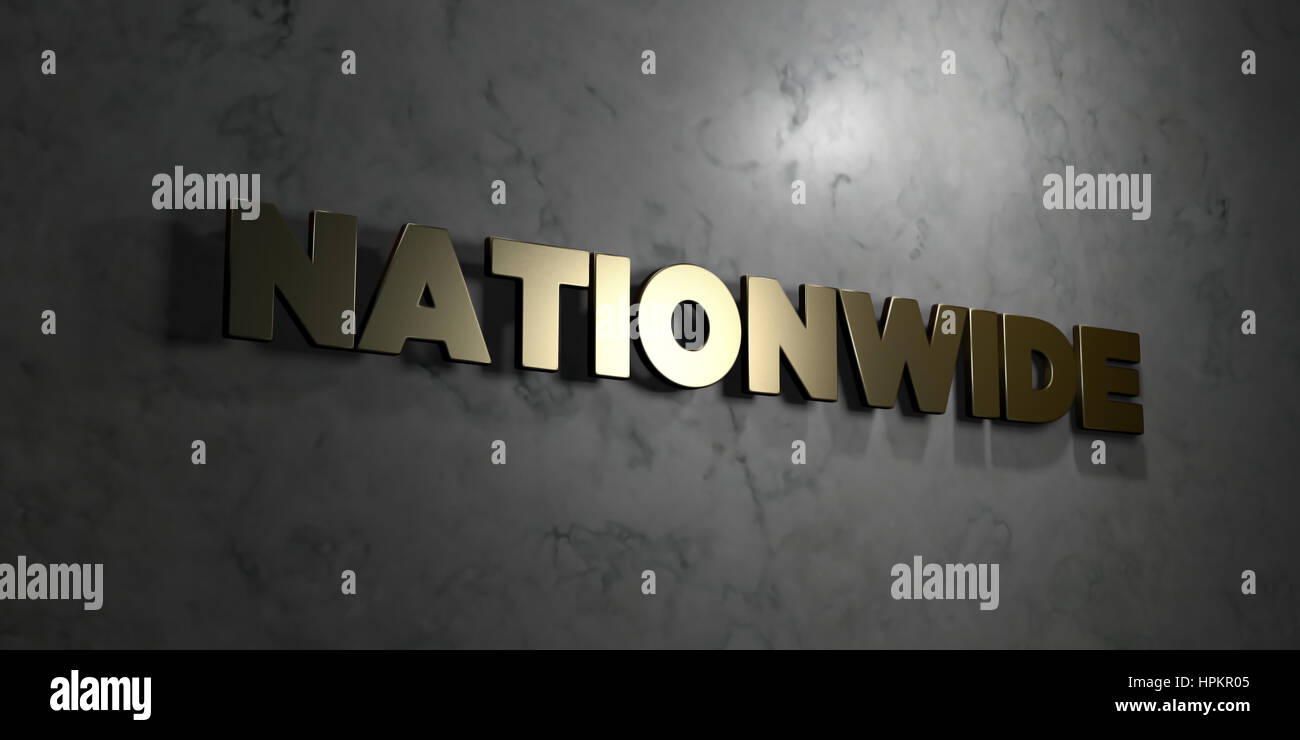 Nationwide - Gold text on black background - 3D rendered royalty free ...