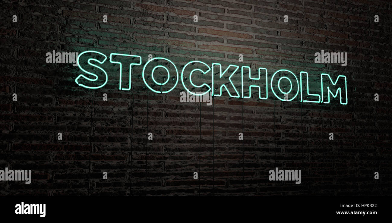 STOCKHOLM -Realistic Neon Sign on Brick Wall background - 3D rendered ...