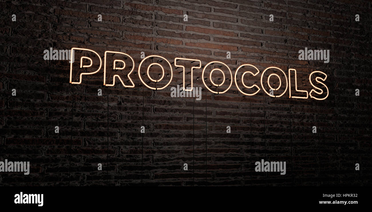 PROTOCOLS -Realistic Neon Sign on Brick Wall background - 3D rendered ...