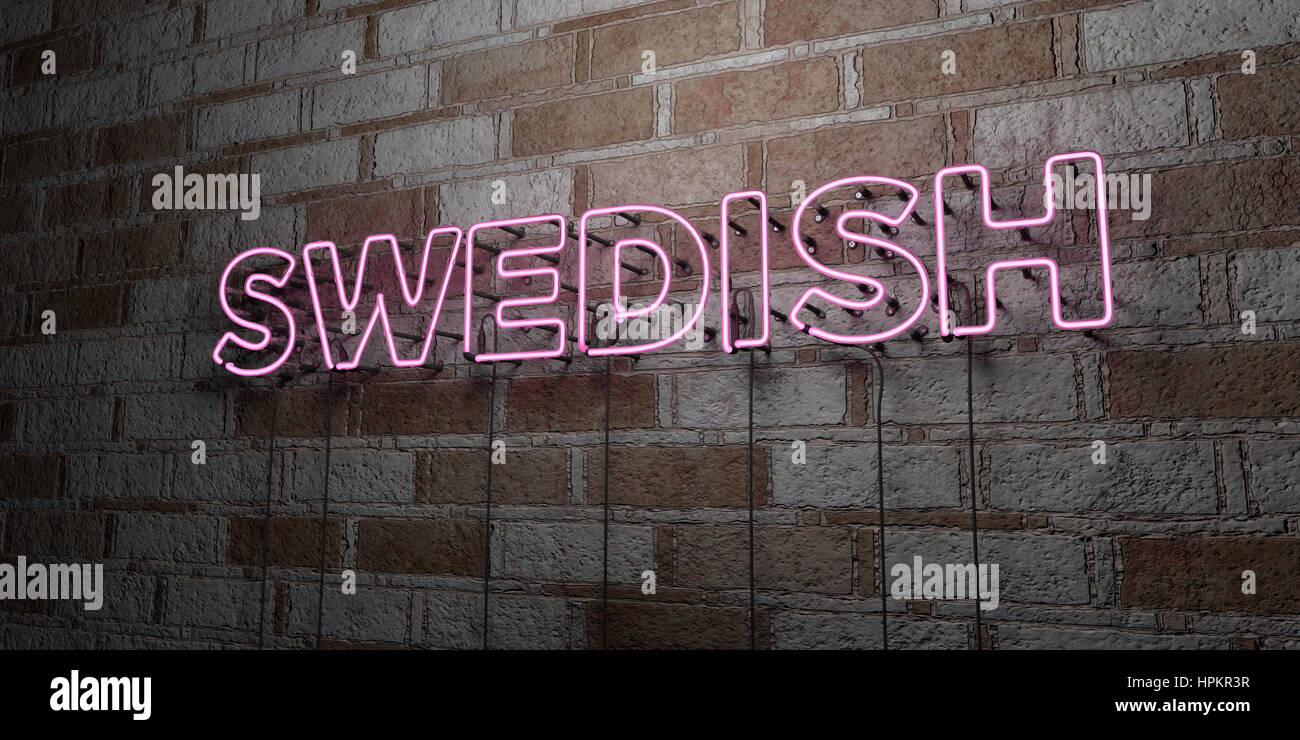 SWEDISH - Glowing Neon Sign on stonework wall - 3D rendered royalty ...