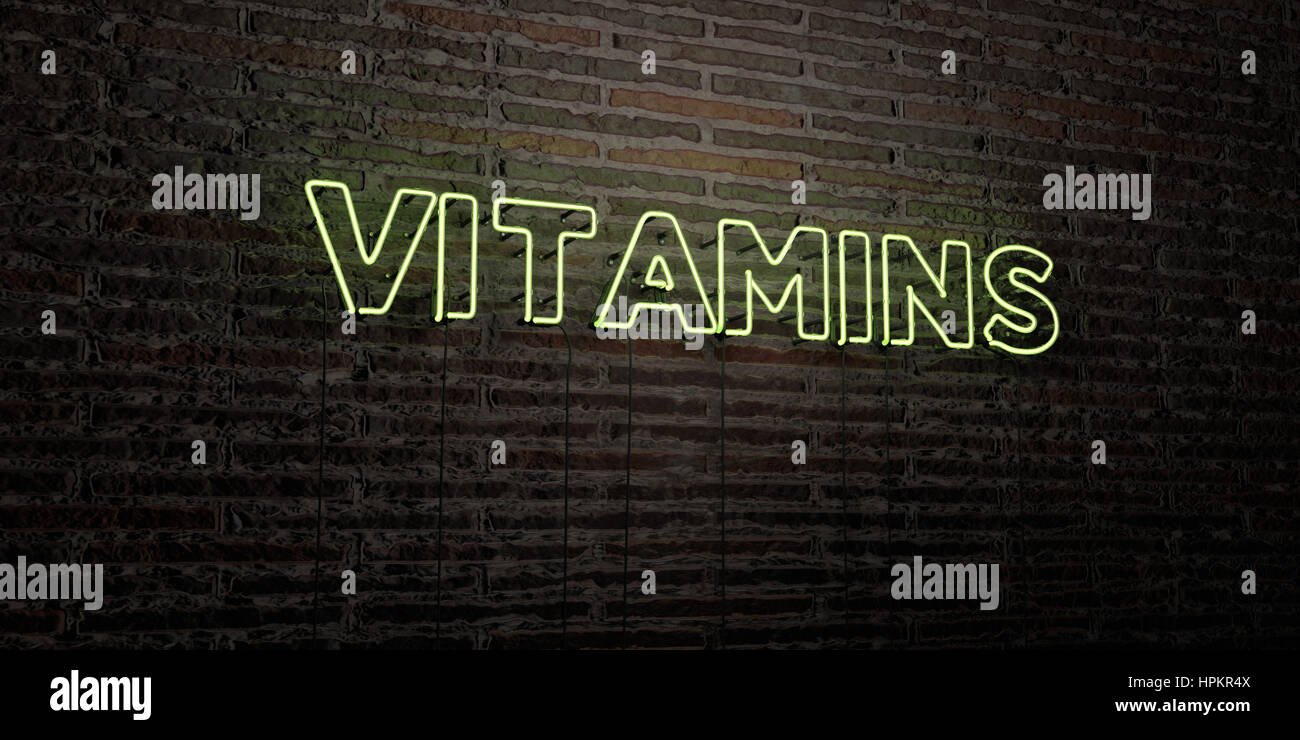 VITAMINS -Realistic Neon Sign on Brick Wall background - 3D rendered ...