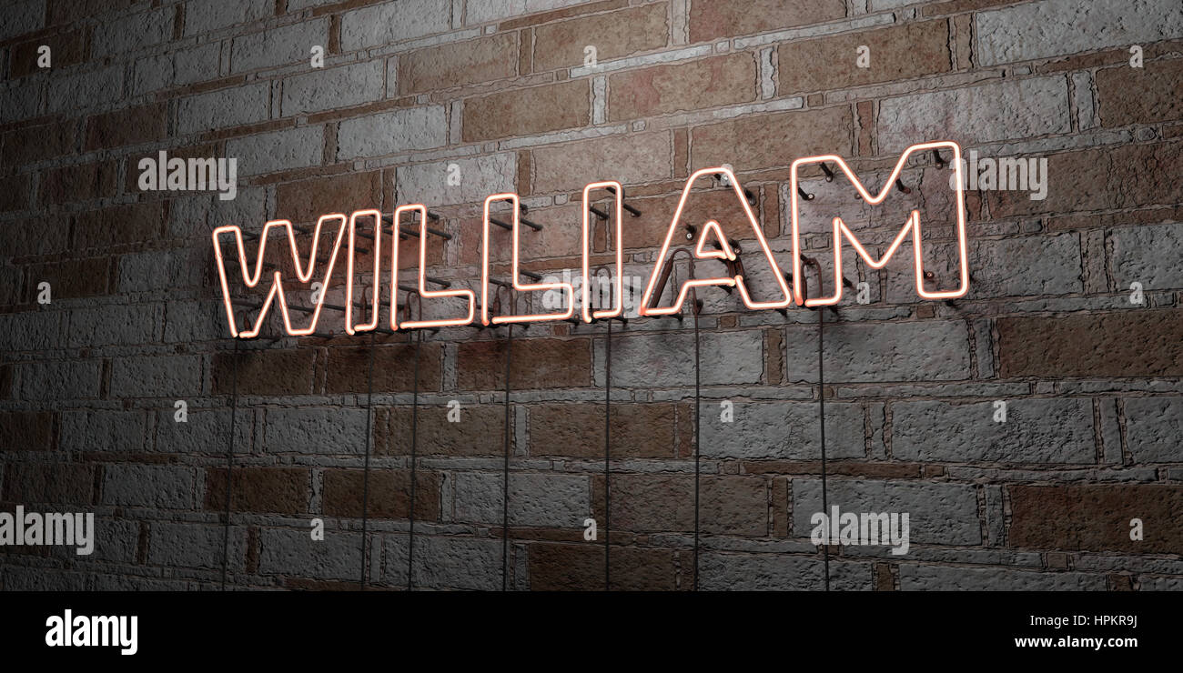 WILLIAM - Glowing Neon Sign on stonework wall - 3D rendered royalty ...