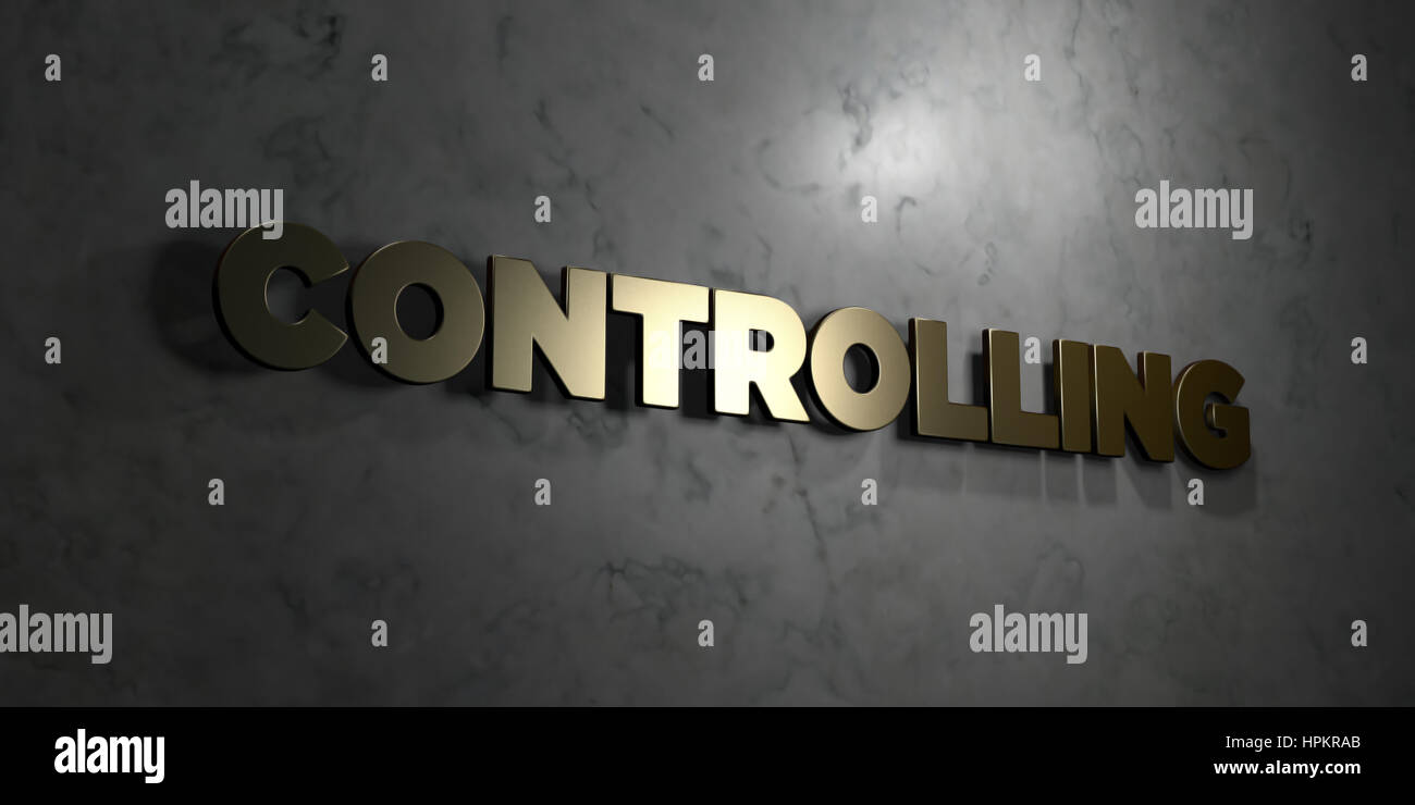 Controlling - Gold text on black background - 3D rendered royalty free ...