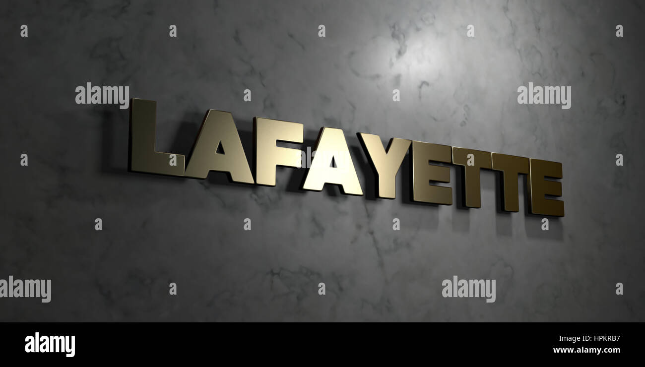 Lafayette - Gold text on black background - 3D rendered royalty free ...