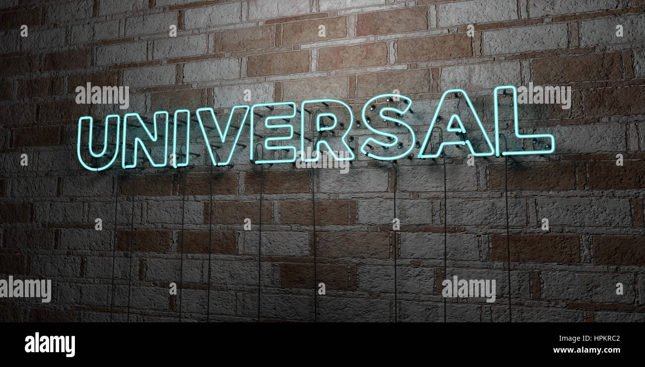 UNIVERSAL - Glowing Neon Sign on stonework wall - 3D rendered royalty ...