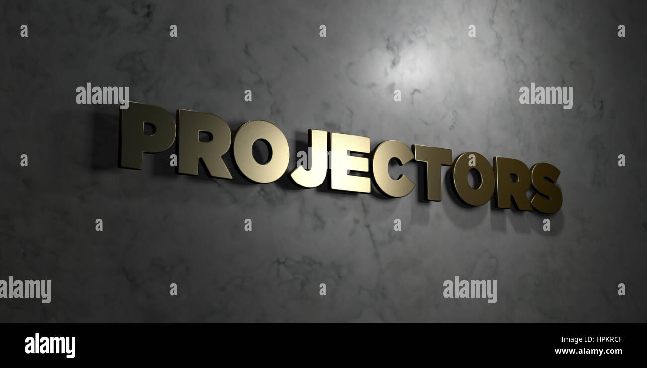 Projectors - Gold text on black background - 3D rendered royalty free ...