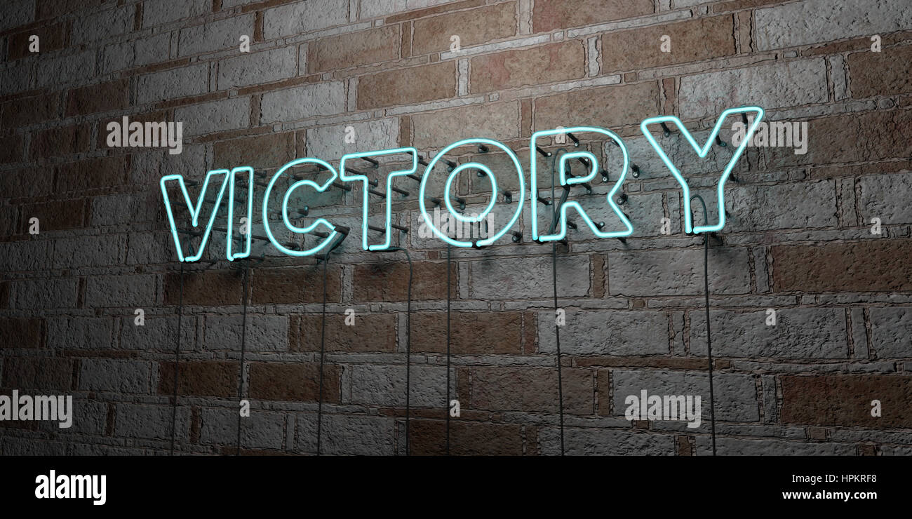 VICTORY - Glowing Neon Sign on stonework wall - 3D rendered royalty ...