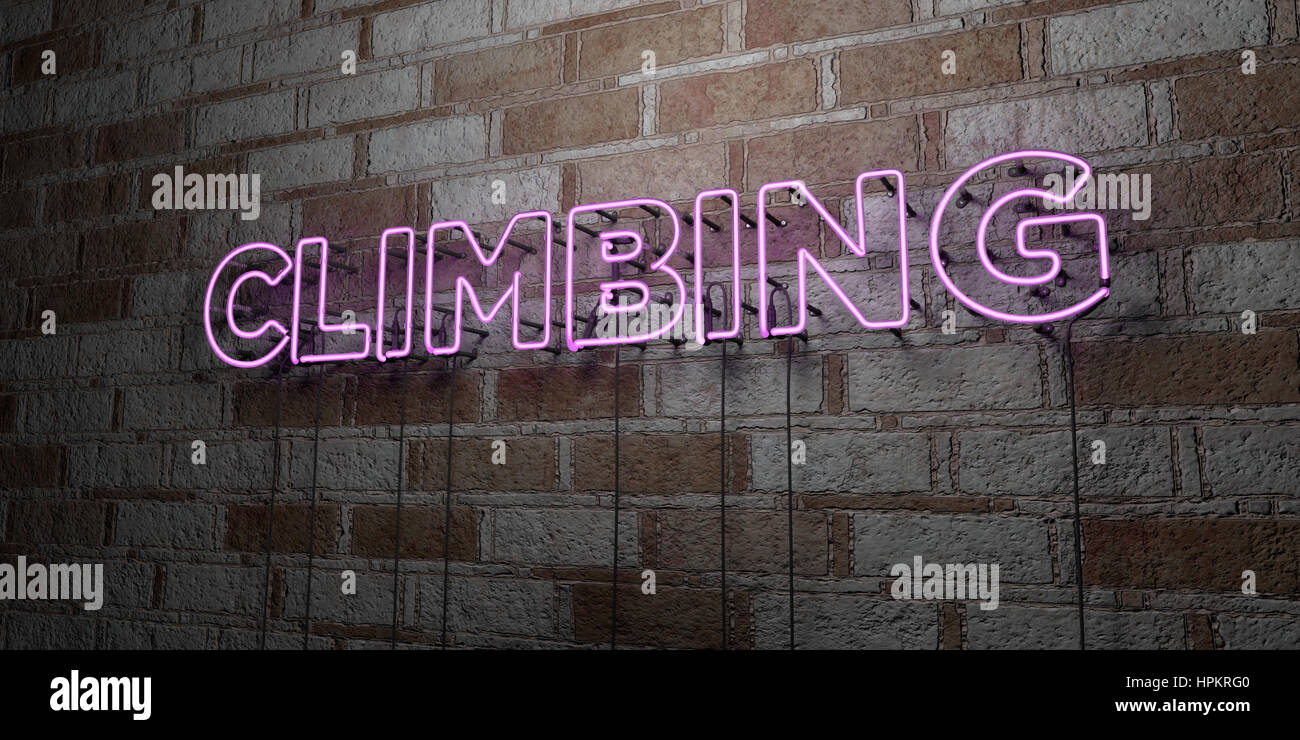 CLIMBING - Glowing Neon Sign on stonework wall - 3D rendered royalty ...