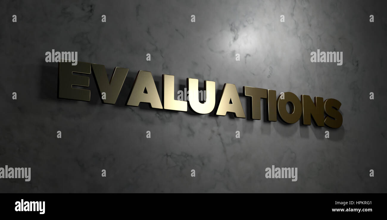 Evaluations - Gold text on black background - 3D rendered royalty free stock picture. This image ...