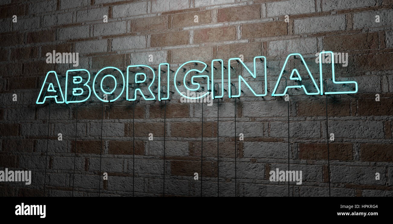 ABORIGINAL - Glowing Neon Sign on stonework wall - 3D rendered royalty ...