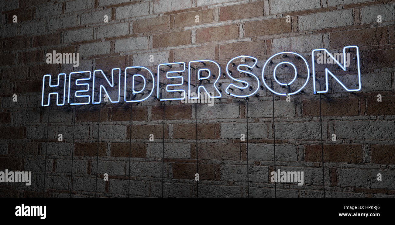 HENDERSON - Glowing Neon Sign on stonework wall - 3D rendered royalty ...