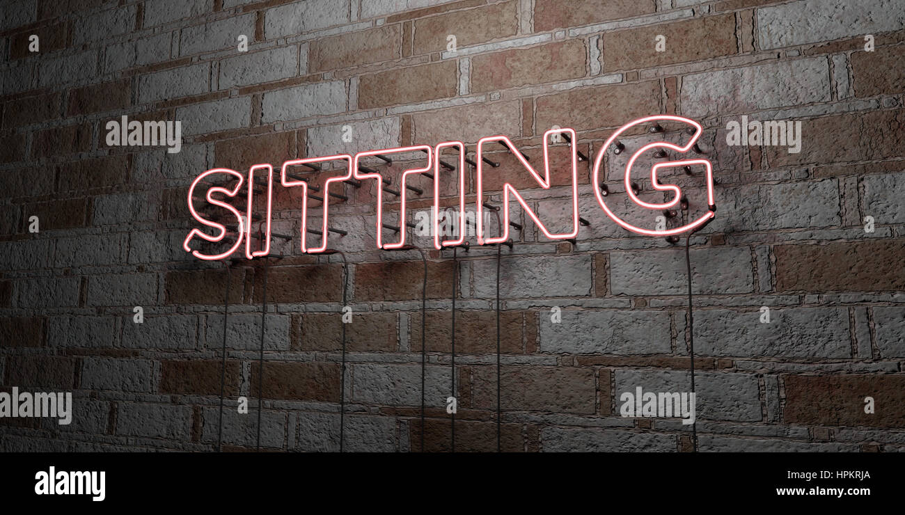 SITTING - Glowing Neon Sign on stonework wall - 3D rendered royalty ...