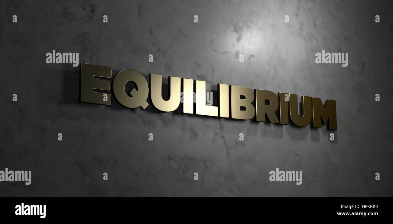 Equilibrium - Gold text on black background - 3D rendered royalty free ...