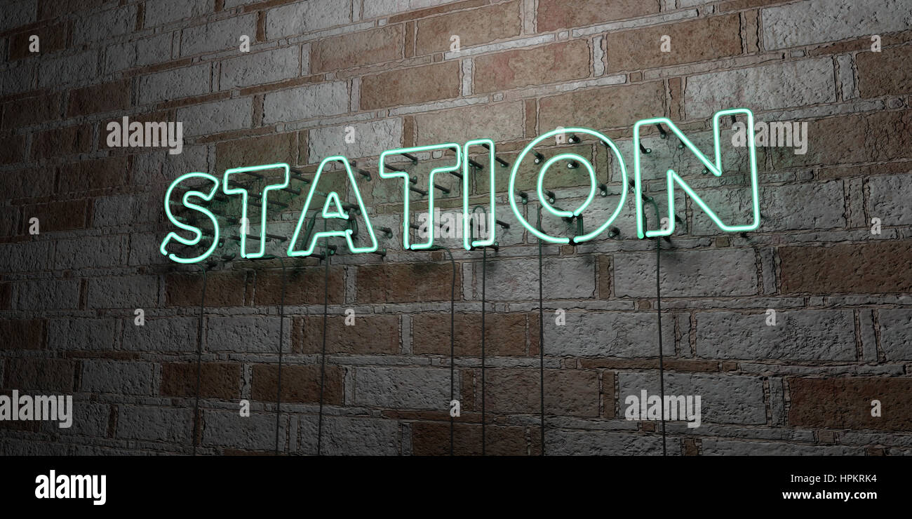 STATION - Glowing Neon Sign on stonework wall - 3D rendered royalty ...