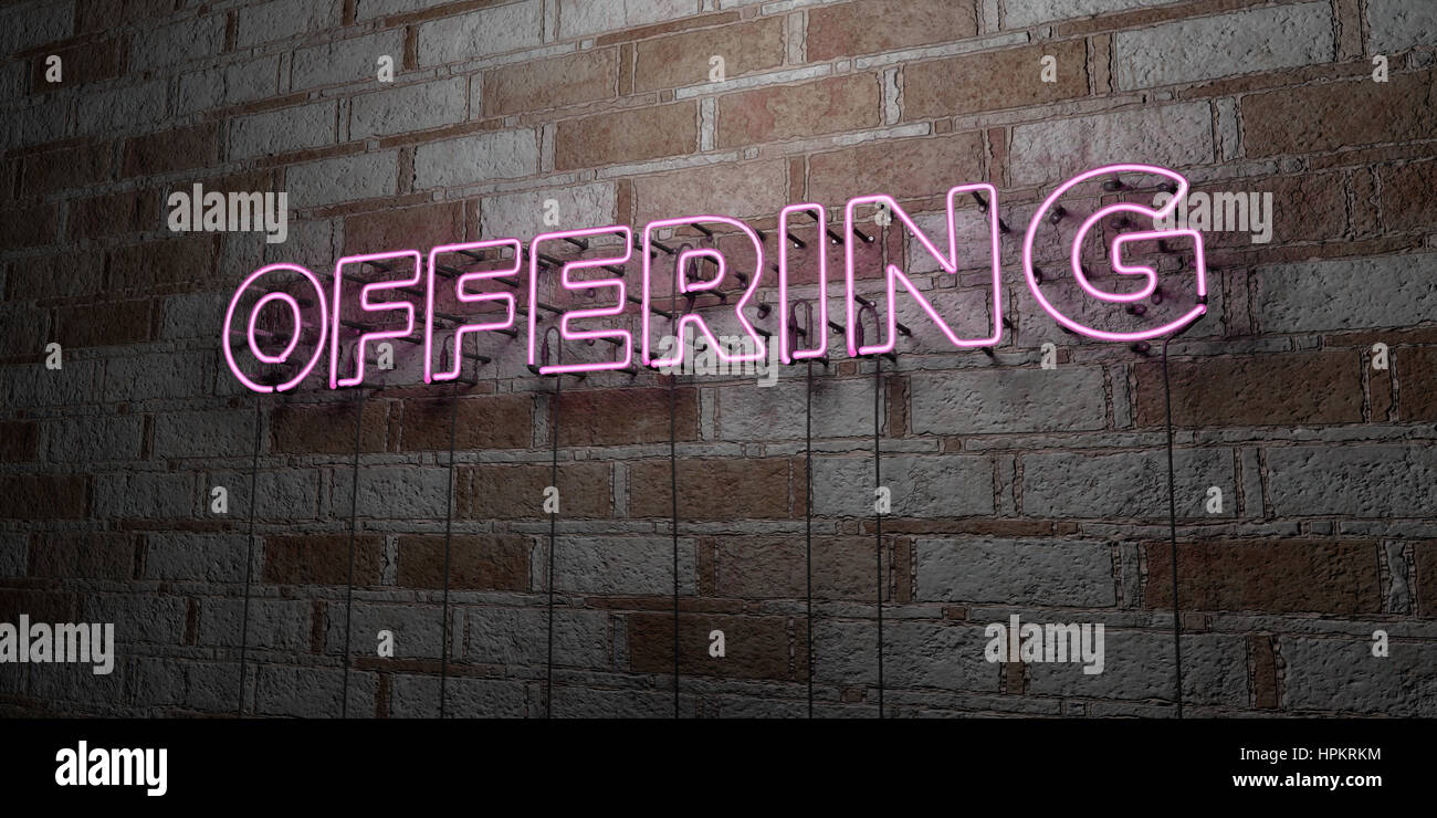 OFFERING - Glowing Neon Sign on stonework wall - 3D rendered royalty ...