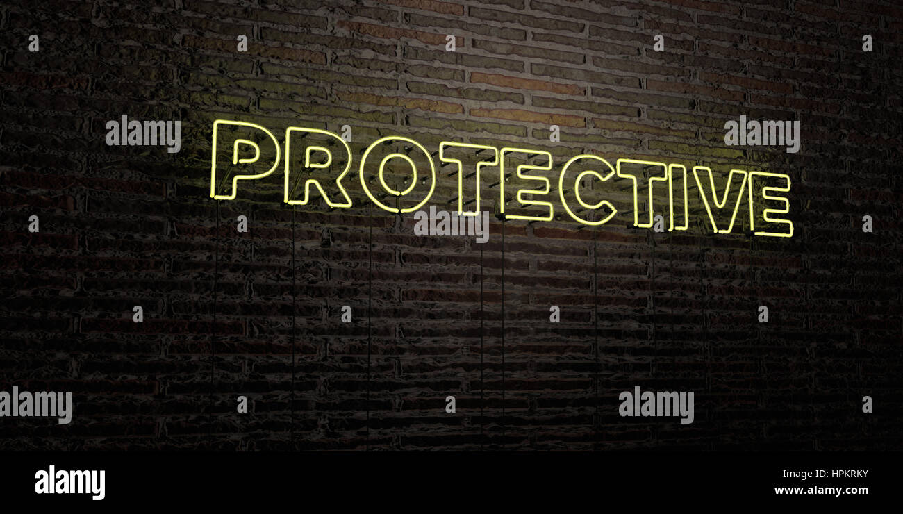 PROTECTIVE -Realistic Neon Sign on Brick Wall background - 3D rendered ...