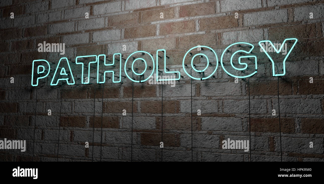 PATHOLOGY - Glowing Neon Sign on stonework wall - 3D rendered royalty ...