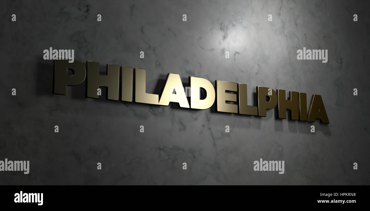 Philadelphia - Gold text on black background - 3D rendered royalty free ...