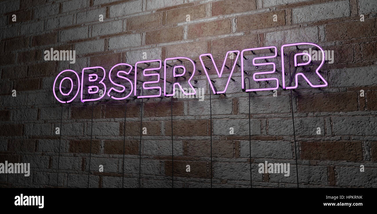 OBSERVER - Glowing Neon Sign on stonework wall - 3D rendered royalty ...