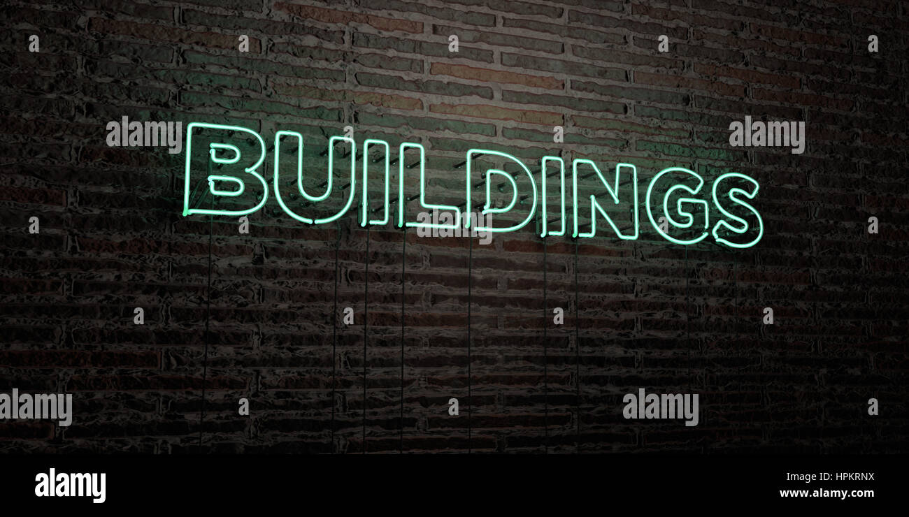 BUILDINGS -Realistic Neon Sign on Brick Wall background - 3D rendered ...