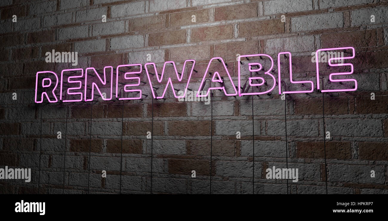RENEWABLE - Glowing Neon Sign on stonework wall - 3D rendered royalty ...