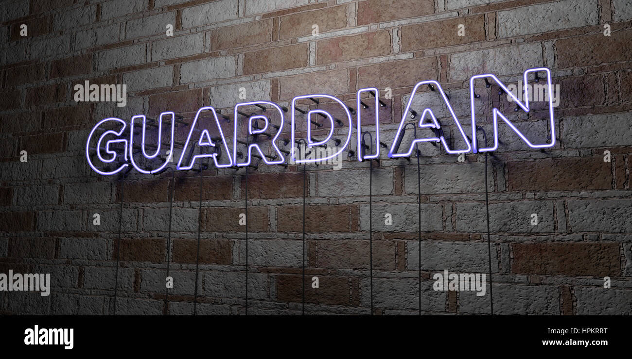 GUARDIAN - Glowing Neon Sign on stonework wall - 3D rendered royalty ...